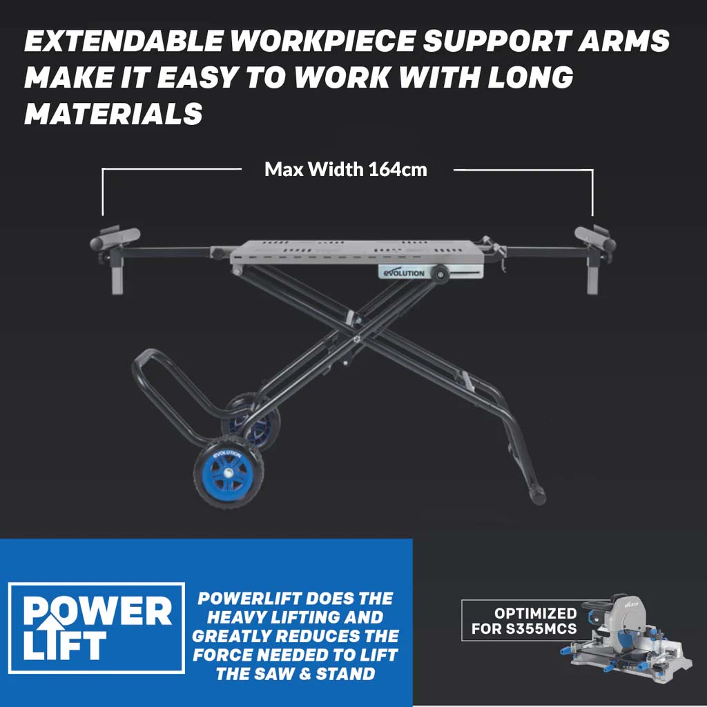 Evolution S355MCS Mitre Chop Saw Wheeled Stand With Powerlift Assist ...