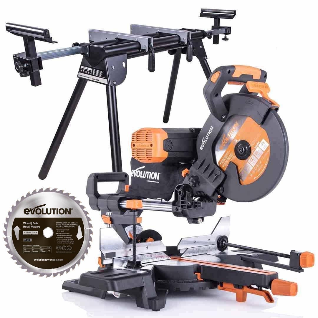 Evolution R255SMS-DB+ 255mm Double Bevel Mitre Saw & Stand Bundle ...